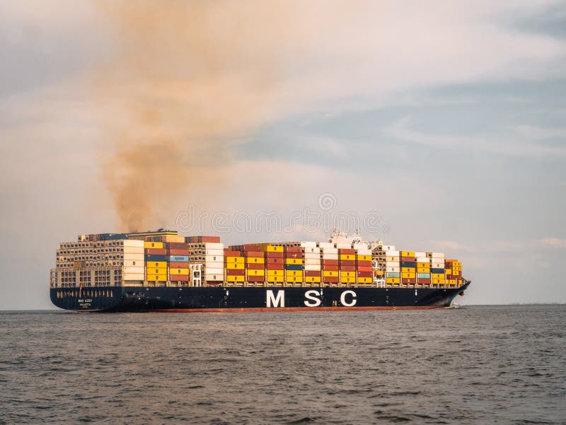 Container Ship MSC Azov Emitting Smoke while Bound for Elbe, German ...