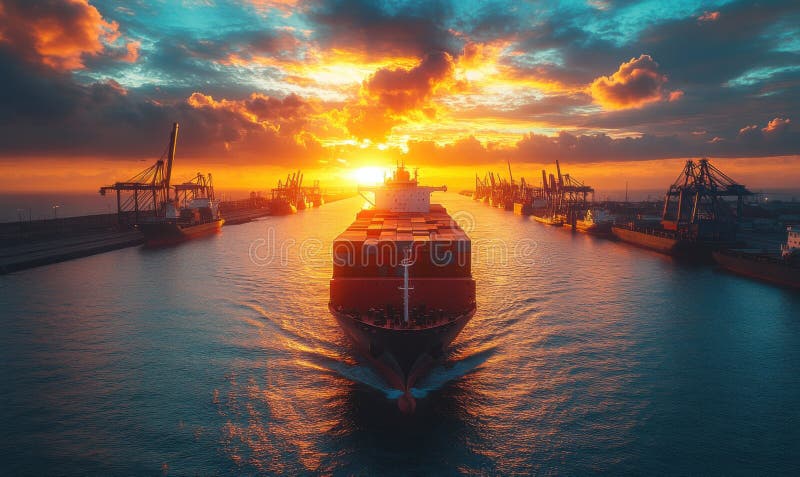 Container Ship Navigates Harbor Sunset Colorful Sky Stock Photos - Free ...