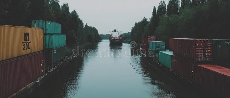 Container Ship Navigates through Narrow Canal Surrounded by Cargo ...