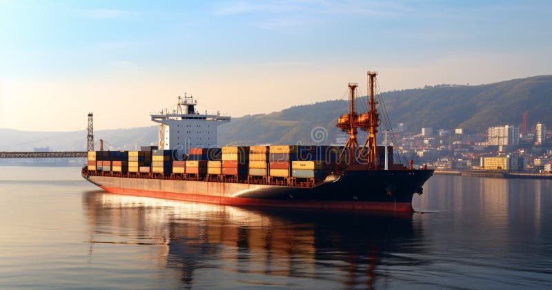 Container Ship Navigating Calm Waters at Sunset Near a Coastal City ...
