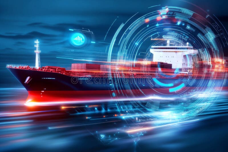 Container Ship Navigating through Digital Ocean with Futuristic ...