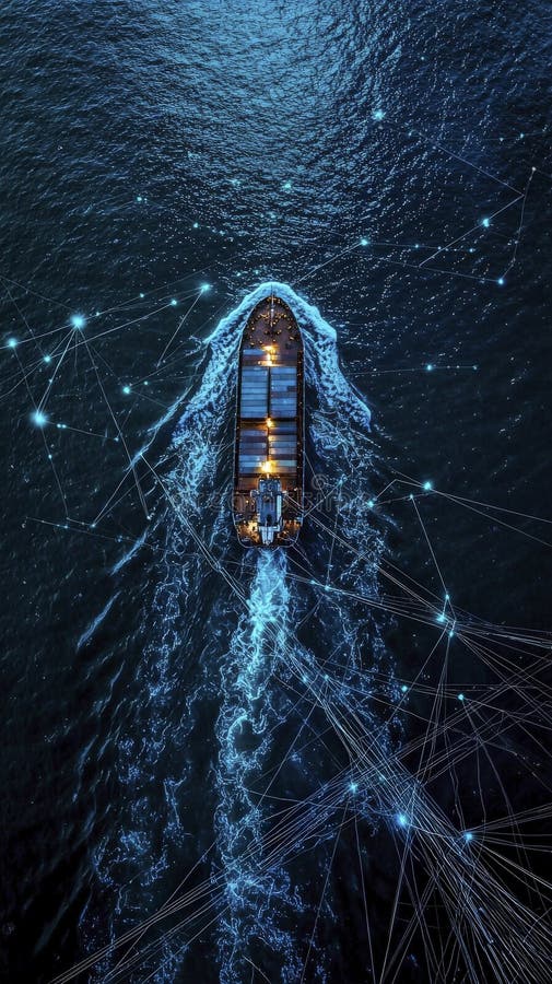 Container Ship Navigating through Digital Sea Network Stock ...