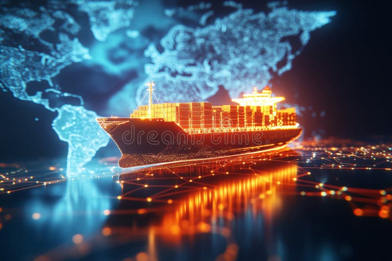 Container Ship Navigating Digital Waters with Glowing Connections and ...