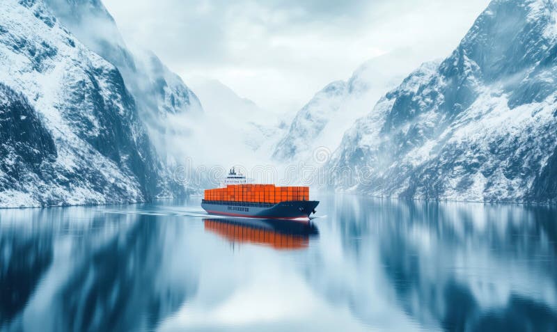Container Ship Navigating Icy Fjord, Surrounded by Snow-capped ...