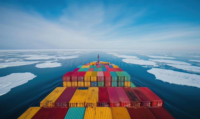 Container Ship Navigating Icy Waters, Colorful Containers Stacked ...