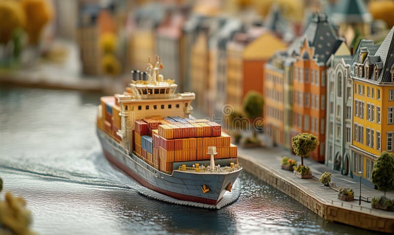 Container Ship Navigating through Miniature Cityscape with Colorful ...