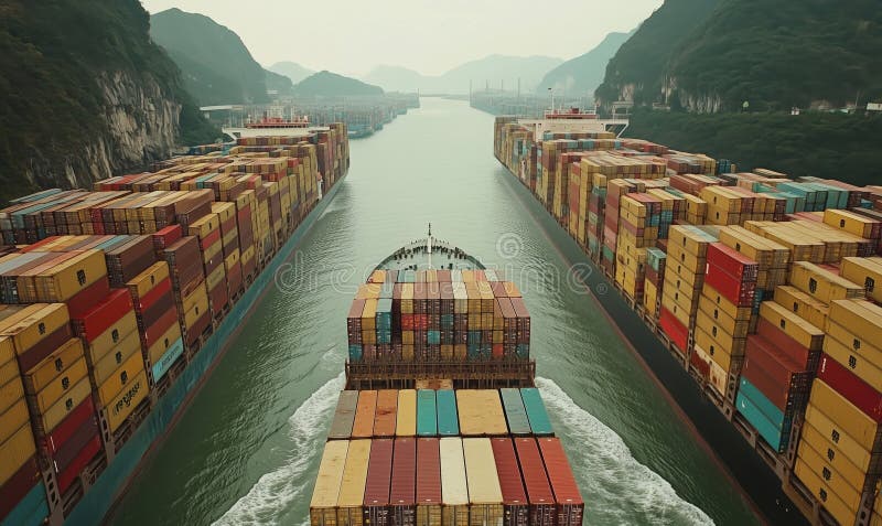 Container Ship Navigating Narrow Waterway Surrounded by Towering Cliffs ...