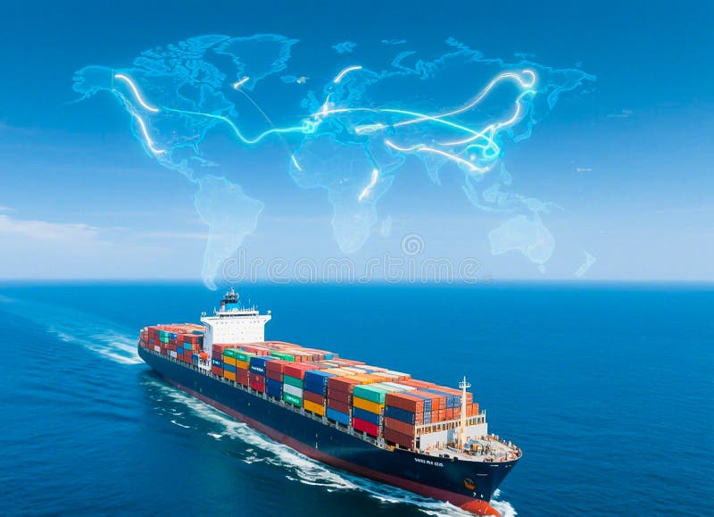 Container Ship Navigating Ocean with Global Trade Network Overlay Stock ...
