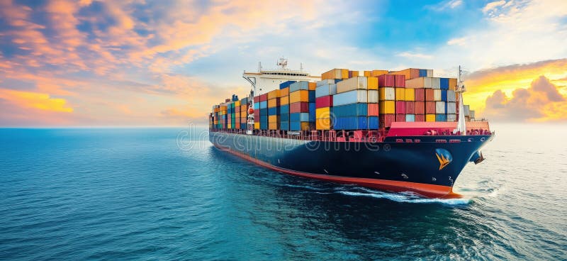 Container Ship Navigating Ocean Waters at Sunset with Colorful Cargo ...