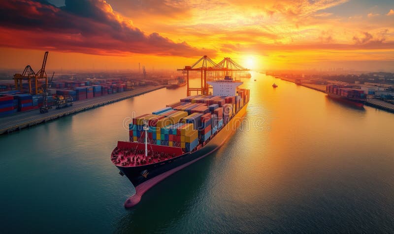 Container Ship Navigating Port at Sunset with Vibrant Sky and Cranes in ...