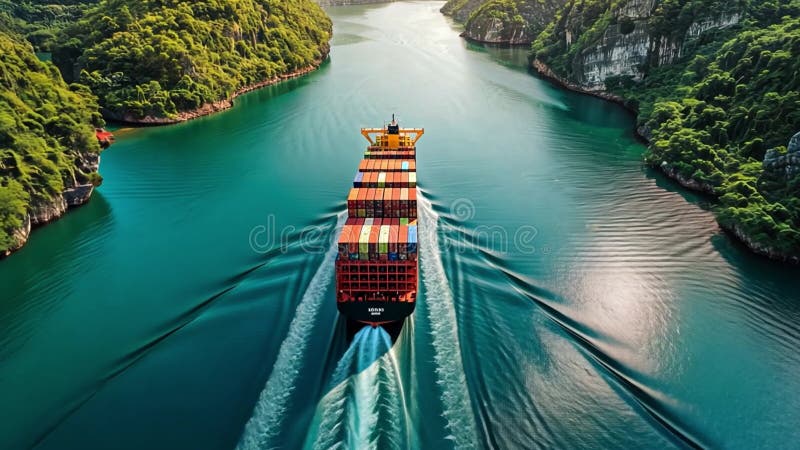 Container Ship Navigating through Serene Waters in Lush Green ...
