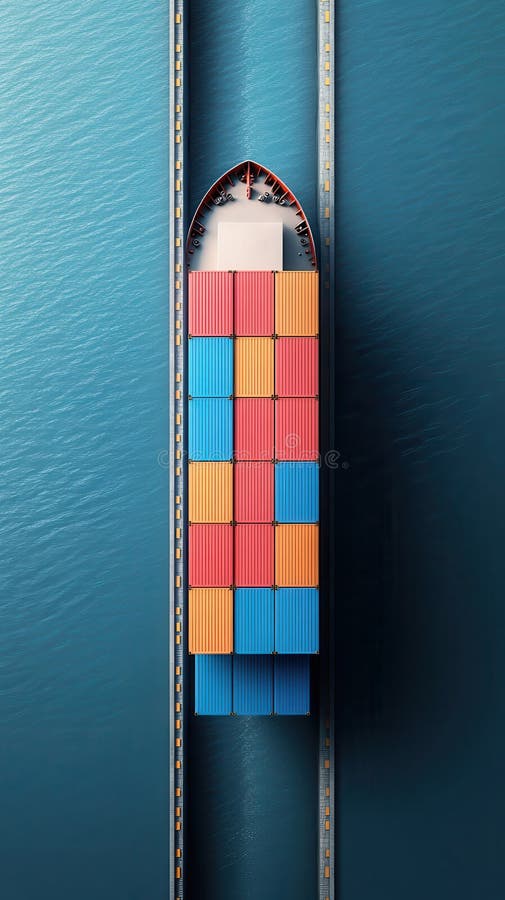 A Container Ship Navigating through Tight Barriers in a Canal Stock ...