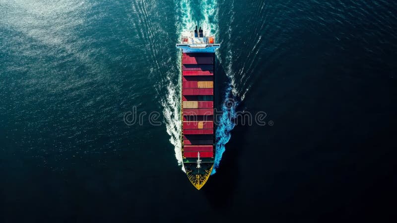 Container Ship Navigating Towards Busy Port in Dark Blue Sea Stock ...
