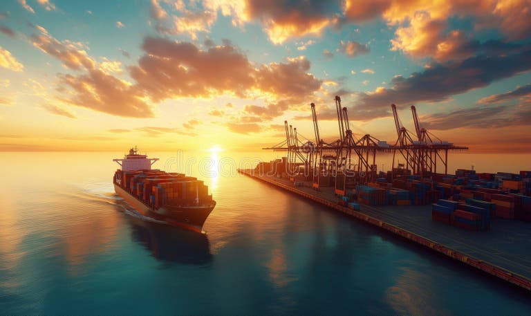 Container Ship Navigating Towards Port during Sunset with Cranes and ...