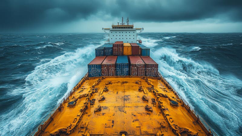 Container Ship Navigating through Turbulent Ocean Waters Under Dark ...