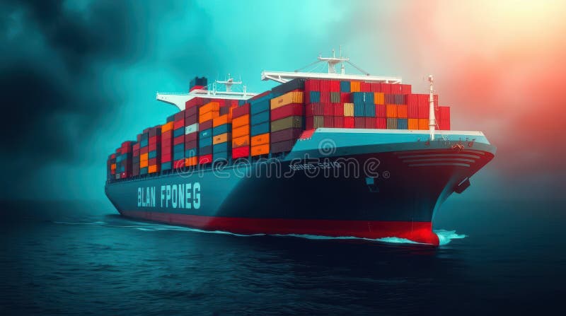 Container Ship Navigating through Turbulent Waters Under a Colorful Sky ...