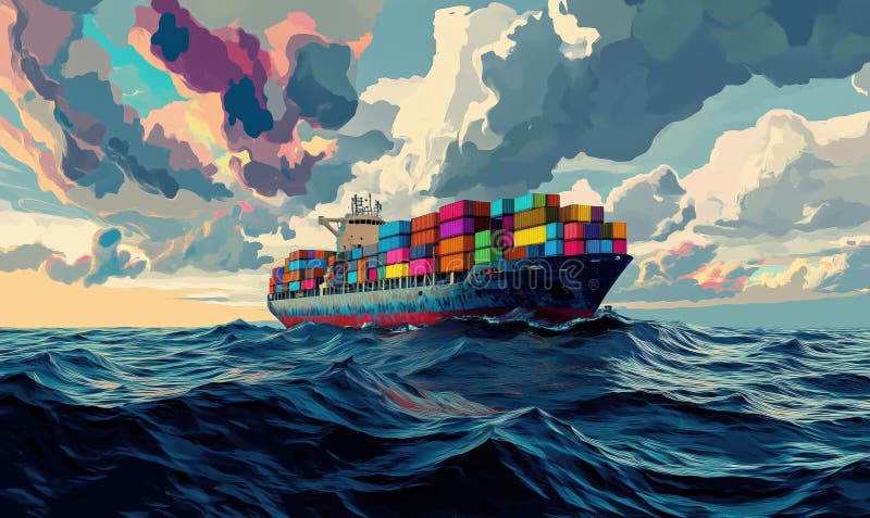 Container Ship Navigating Dramatic Colorful Clouds Sunset Stock Photos ...