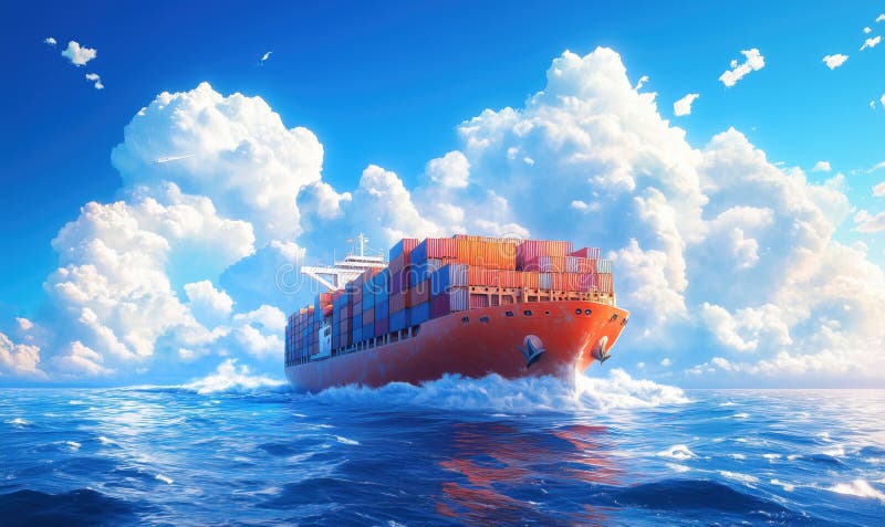 Container Ship Navigating through Vibrant Blue Ocean and Fluffy Clouds ...