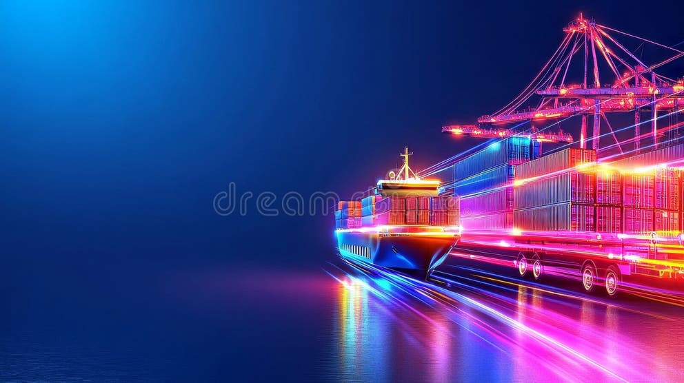 Container Ship Navigating through Water with Vibrant Light Trails and ...