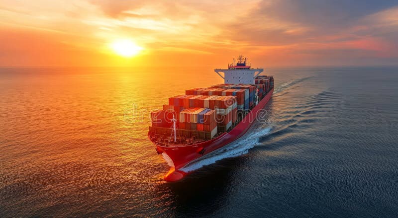 Container Ship on Ocean at Sunset. Generative AI. Stock Illustration ...