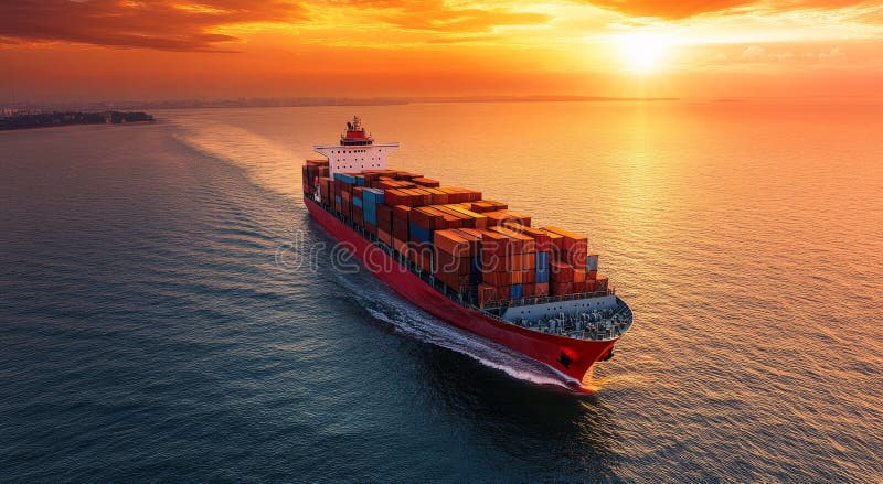 Container Ship on Ocean at Sunset. Generative AI. Stock Illustration ...