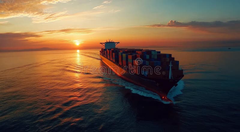 Container Ship on Ocean at Sunset. Generative AI. Stock Illustration ...
