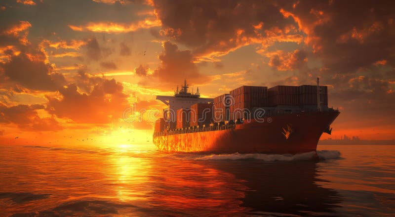 Container Ship on Ocean at Sunset. Generative AI. Stock Illustration ...