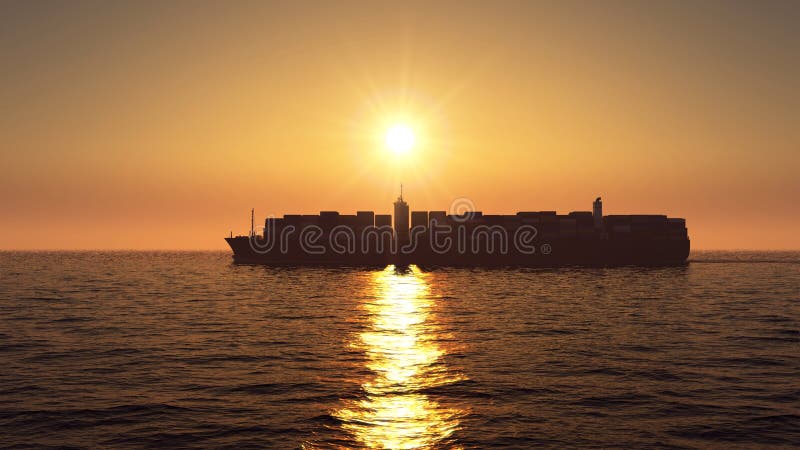 Container Ship in Ocean at Sunset Stock Illustration - Illustration of ...