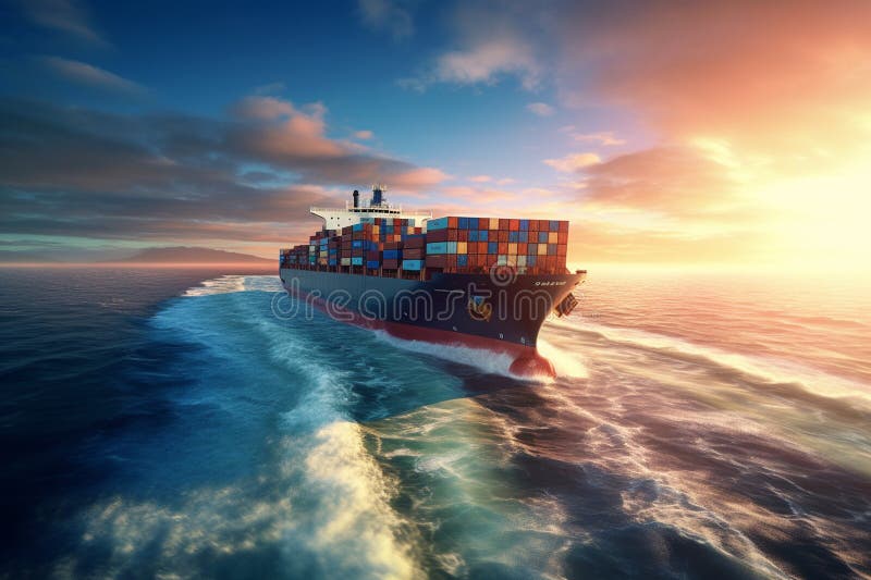 Container Ship in the Ocean at Sunset. 3D Rendering Stock Illustration ...