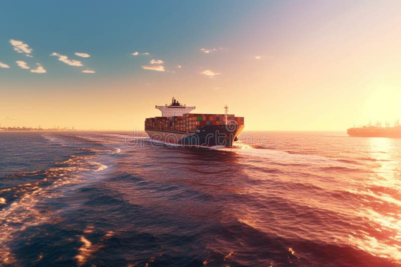 Container Ship in the Ocean at Sunset. 3D Rendering Stock Illustration ...