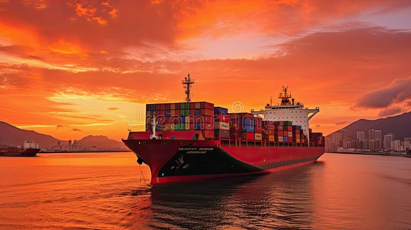 A Container Ship on the Ocean during Sunset in Front of a City ...