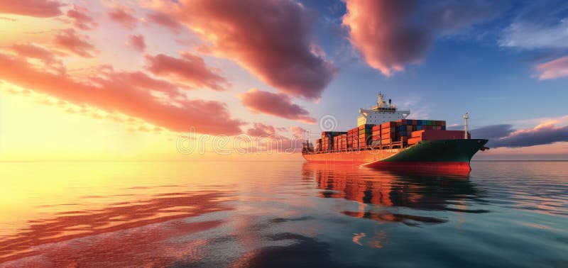 Container Ship in the Open Ocean. Cargo Transportation. Place for Text ...