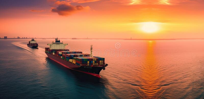 Container Ship in the Open Ocean. Cargo Transportation. Place for Text ...