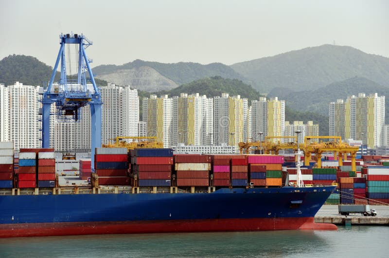 Container Ship in Port of Busan, South Korea Stock Photo - Image of ...