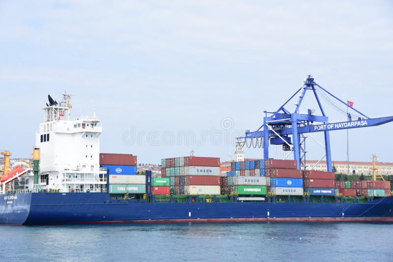Container ship in the port editorial stock photo. Image of turkey ...