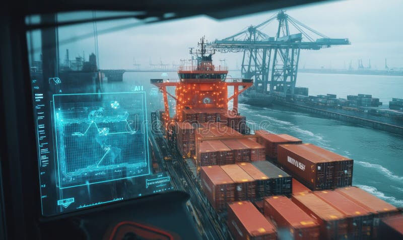 Container Ship with Digital Interface, Port View Stock Photo - Image of ...