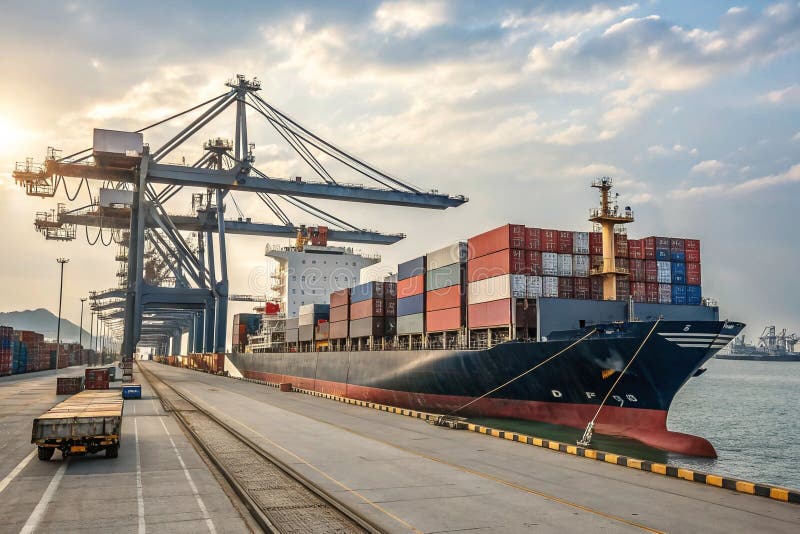 Container Ship at Port, Loading Cargo with Cranes Stock Illustration ...