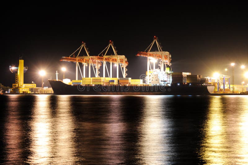 Container Ship in Port at Night Stock Photo - Image of goods, dusk ...