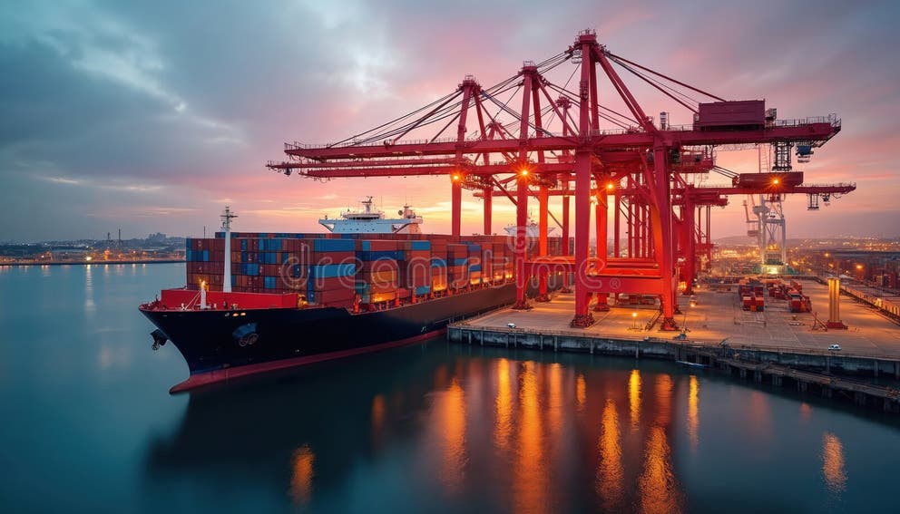 Container Ship at Port Terminal. Cargo Ship Docks Alongside Towering ...