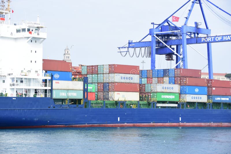 Container ship in the port editorial stock photo. Image of turkey ...