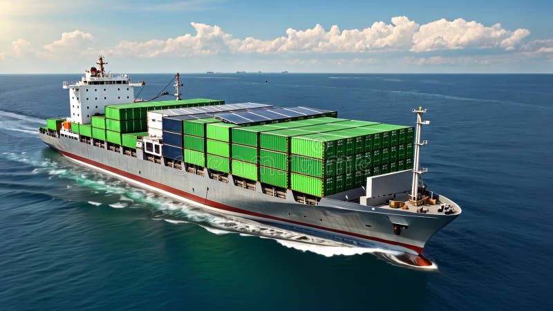 Container Ship Powered by Solar Panels Navigating the Ocean Stock ...