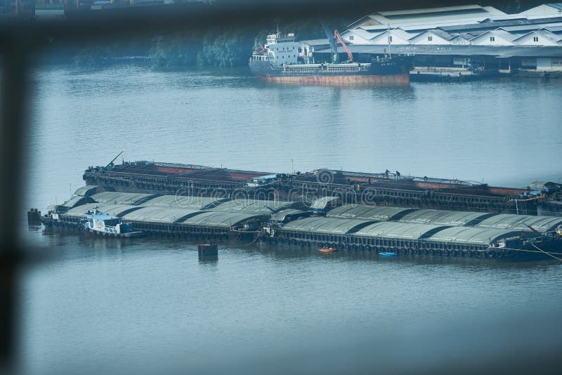 Container Ship in River for Transportation Stock Image - Image of boat ...