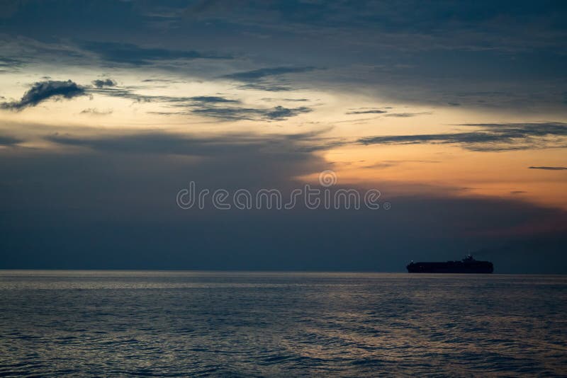 Shadow of Container Ship Sail Along the Trade Route in the Evening ...