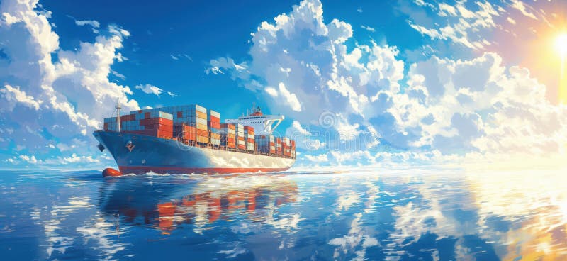 Container Ship Sailing through Calm Waters Under Bright Blue Sky and ...
