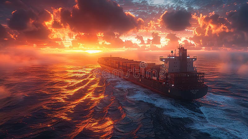 A Container Ship Sailing Down the Ocean during Sunset Time and Creating ...