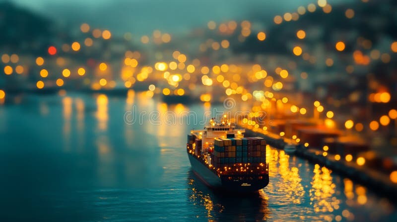 Container Ship Sailing through Night City Lights Stock Illustration ...