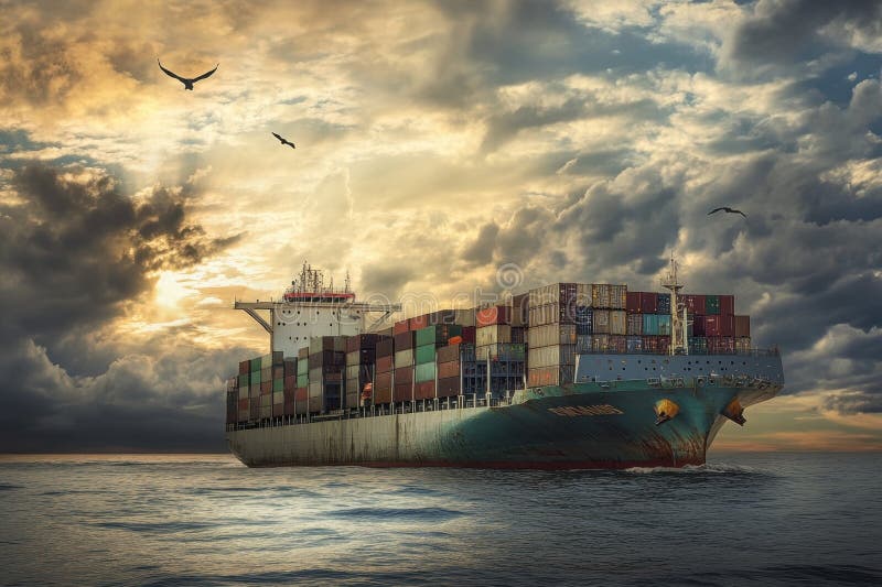 Container Ship Sailing Ocean Sunset Birds Flying Over Clouds Stock ...