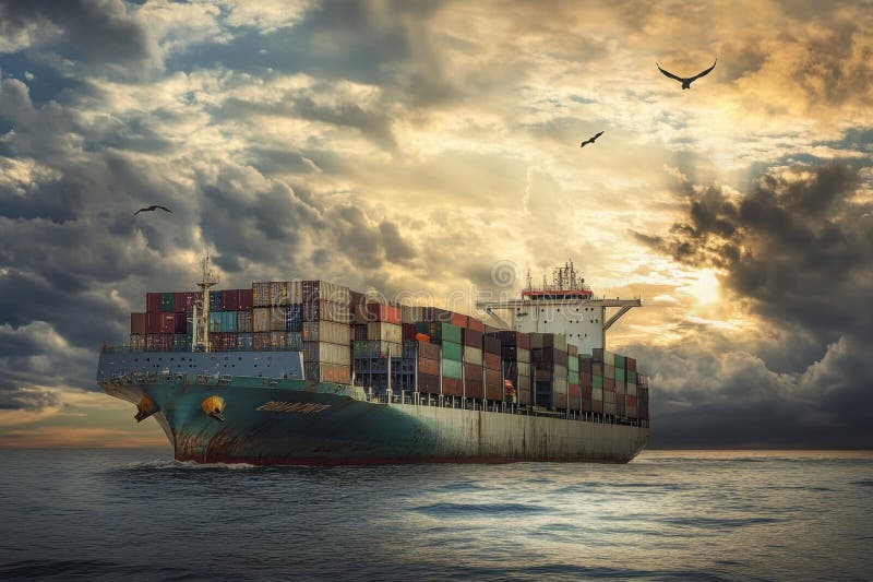 Container Ship Sailing in Ocean during Sunset with Birds Flying Over ...
