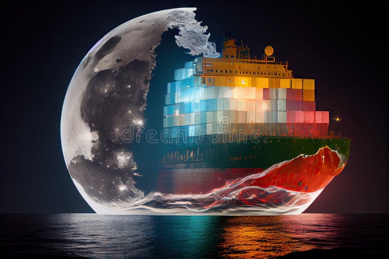 Container Ship Sailing Past the Moon, with Double Exposure Effect Stock ...