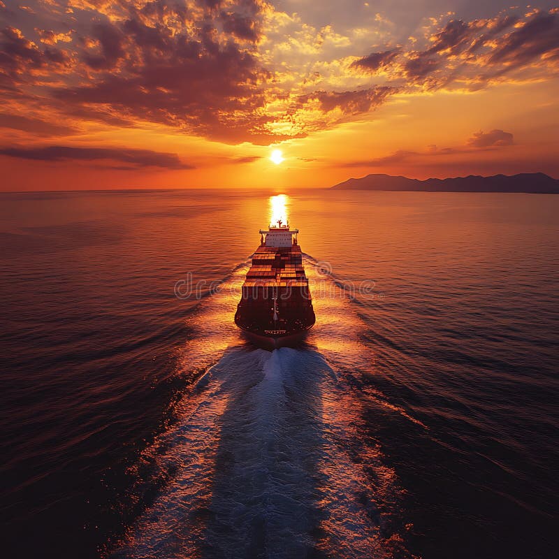 Container Ship Sailing at Sunset Over Dark Ocean Water Stock ...